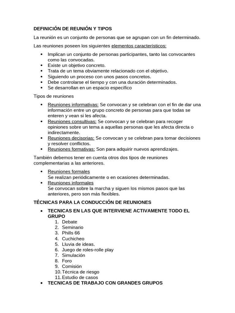 DEFINICIÓN DE REUNIÓN Y TIPOS examen | PDF | Conflicto (proceso ...
