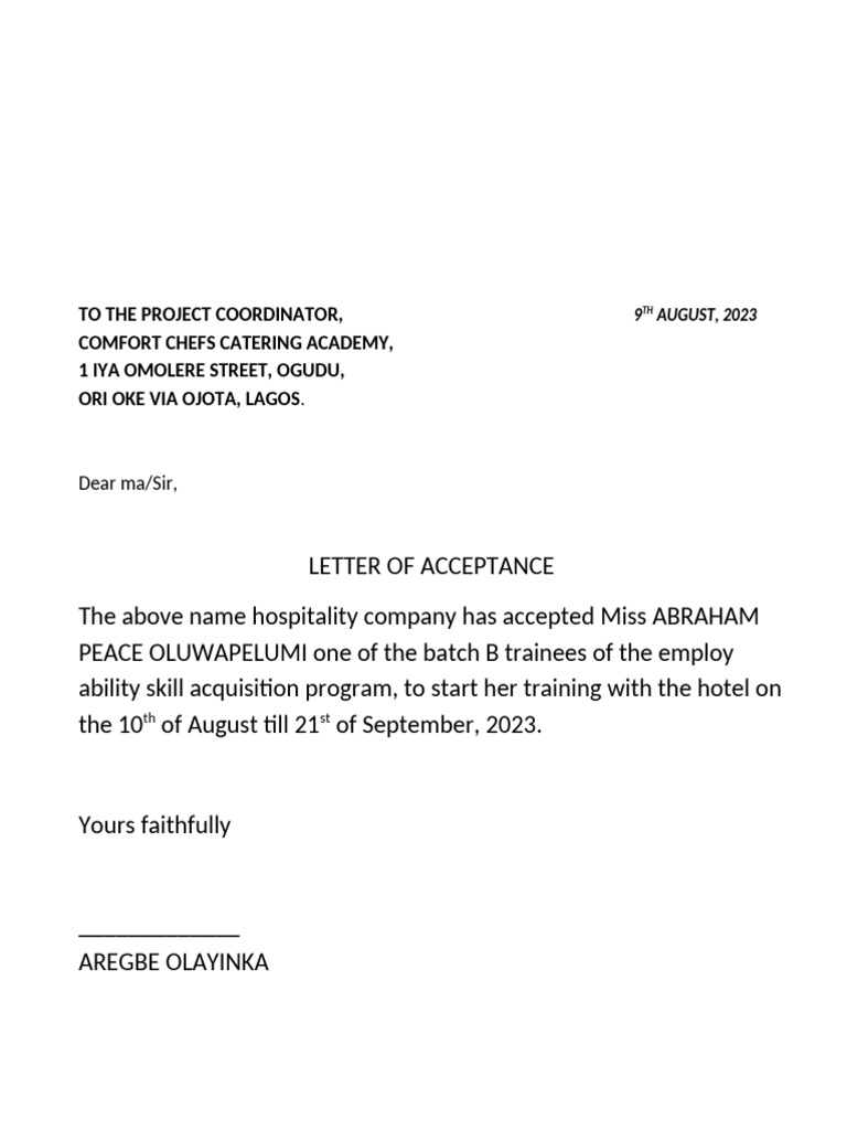 Acceptance Letter For I.T | PDF