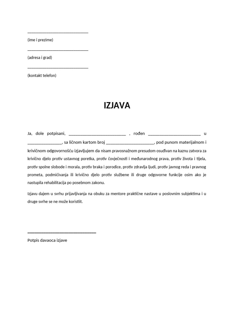 Izjava Za Mentore | PDF