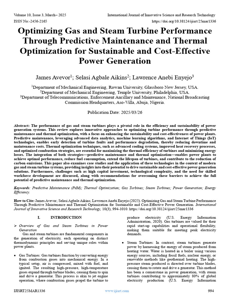 Optimizing Gas and Steam Turbine Performance Through Predictive Maintenance and Thermal ...