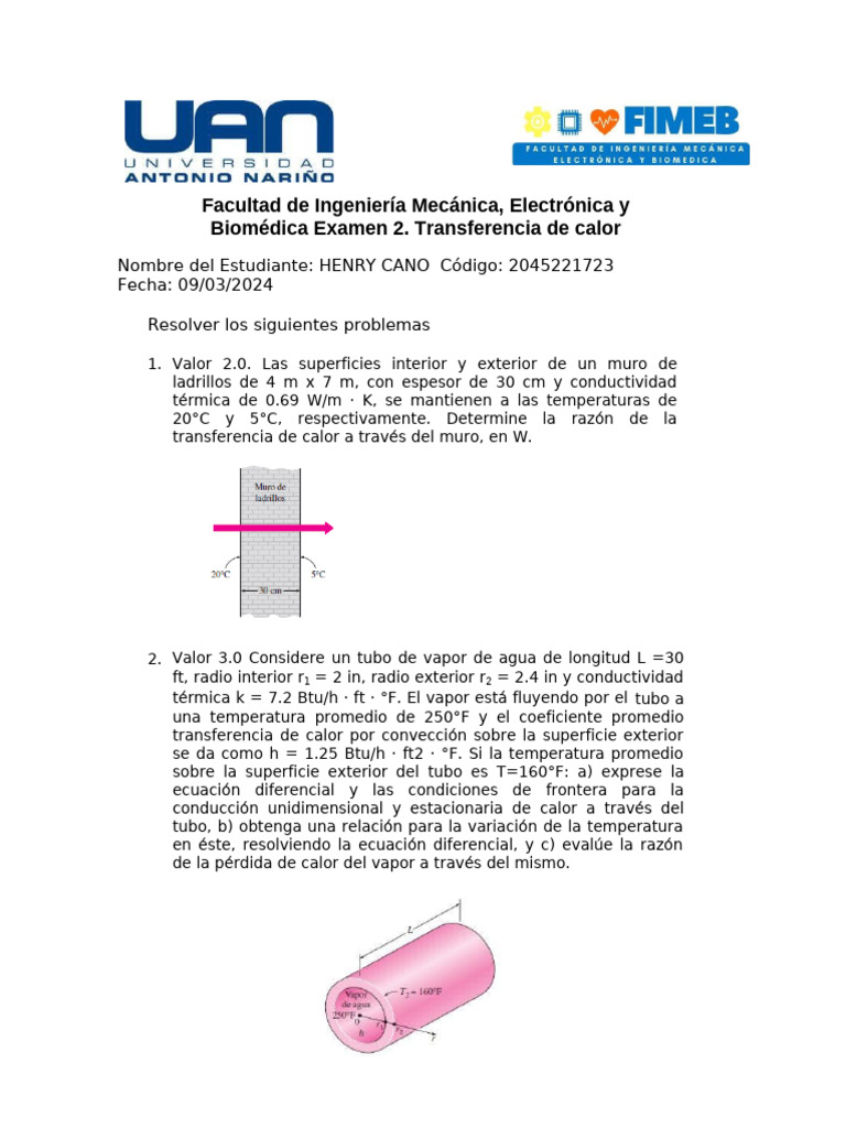 Examen de Transferencia de Calor: Problemas Resueltos | PDF ...
