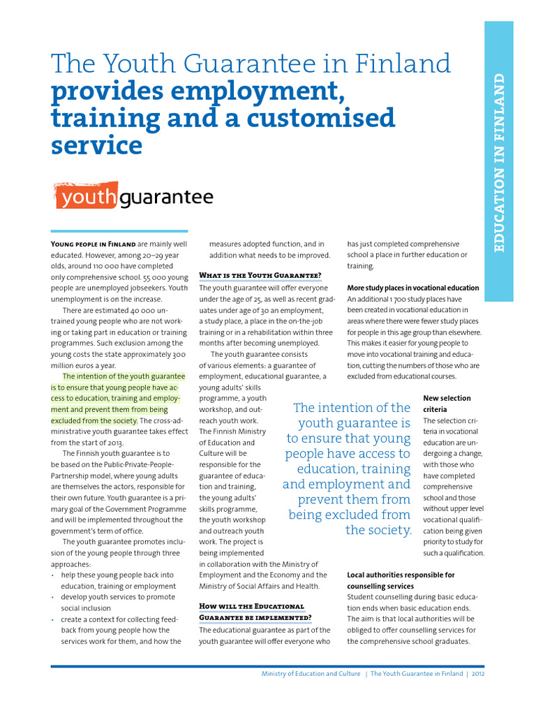 Finland's Youth Guarantee Overview | PDF | Apprenticeship | Vocational ...