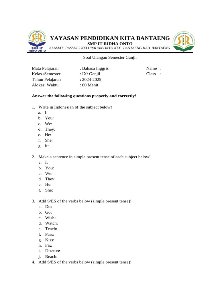 Soal Bhs. Inggris Kls. (Ix) 3 Sem. Ganjil T.A 2024-2025 SMP Ridha Onto | PDF