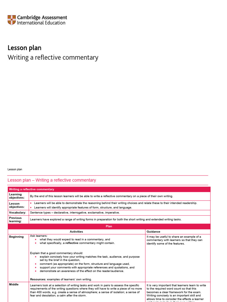 AAS Reflective Commentary Lesson Plan | PDF | Question | Lesson Plan