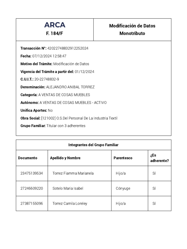 ARCA _ Formulario 184 | PDF