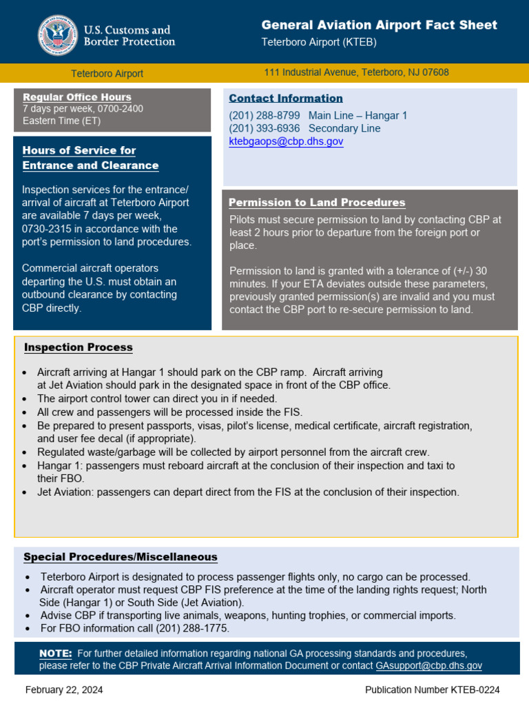 Teterboro Airport GA Fact Sheet | PDF | Airport | U.S. Customs And ...