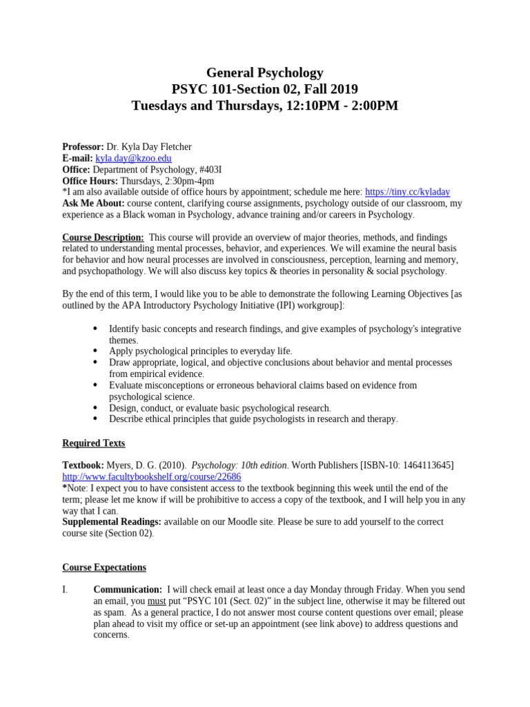 General Psychology 101 (Section 02) Syllabus - FINAL (Fall 2019) | PDF ...