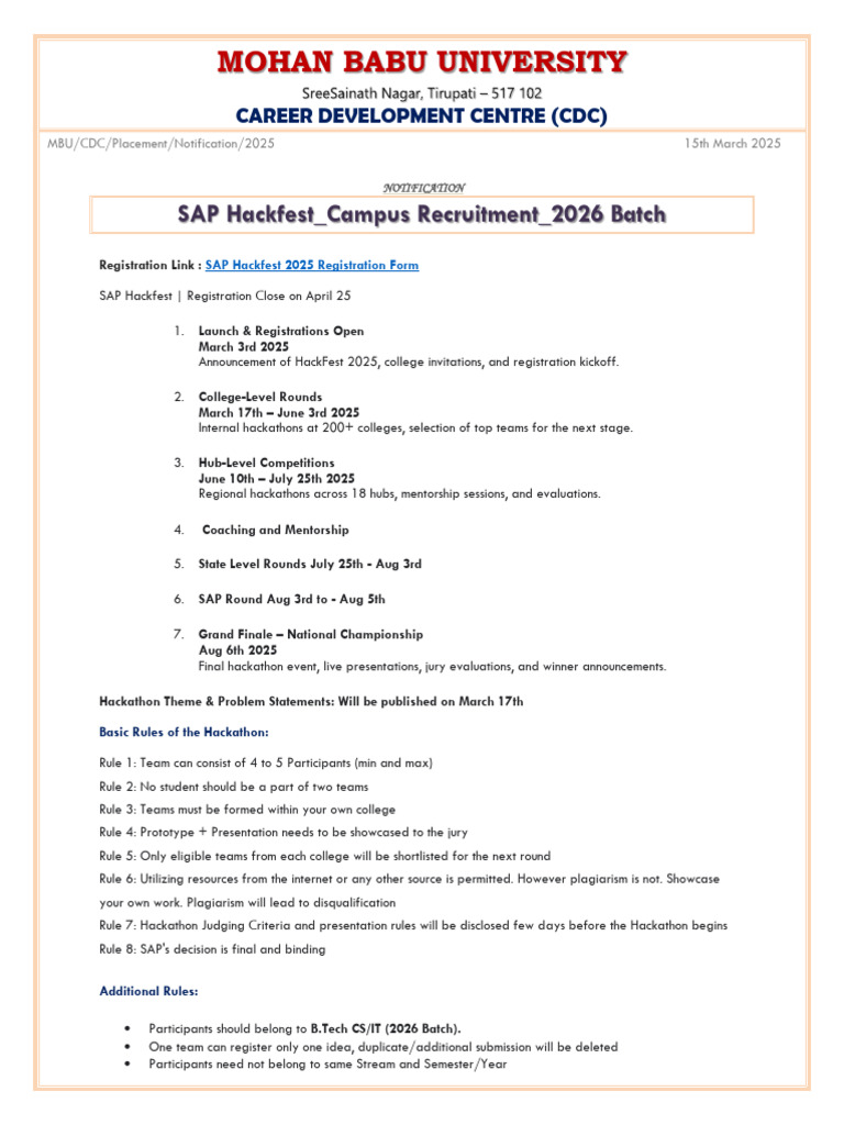SAP Hackfest - Campus Recruitment - MBU - 2026 - Notification | PDF | Justice | Crime & Violence
