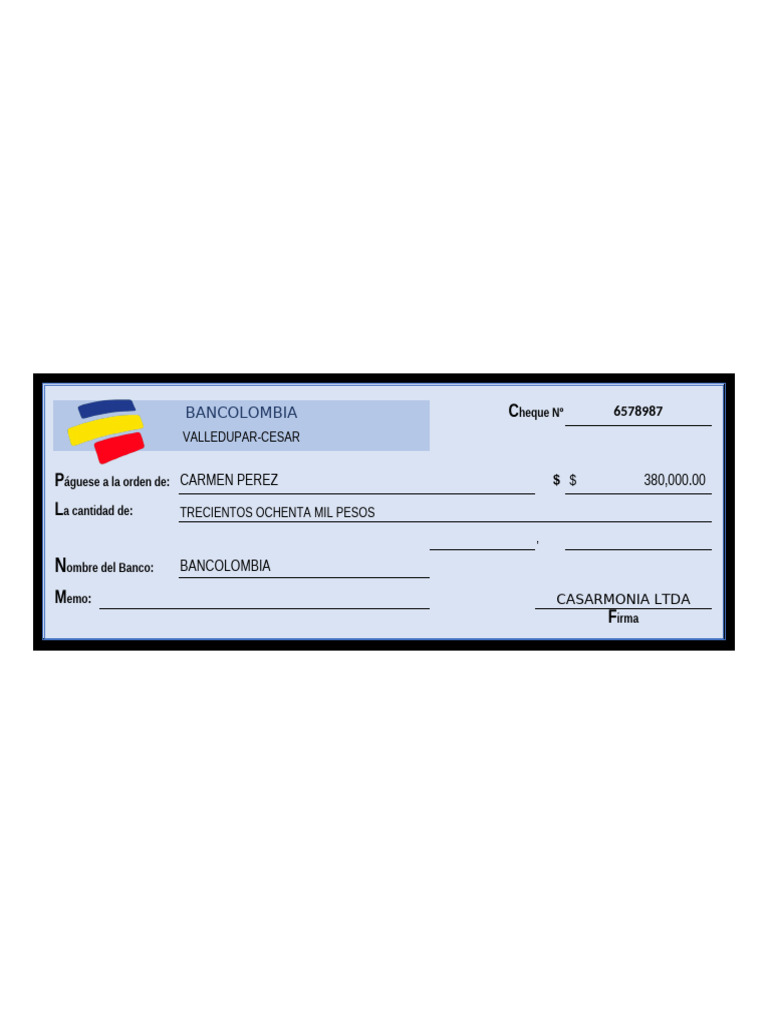Formato de Cheque Bancolombia para Llenar | PDF
