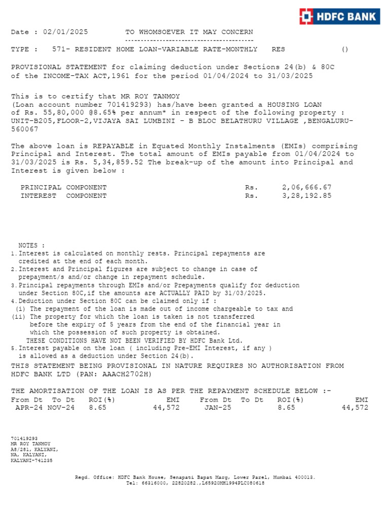 Home Loan Interest Certificate | PDF | Loans | Interest
