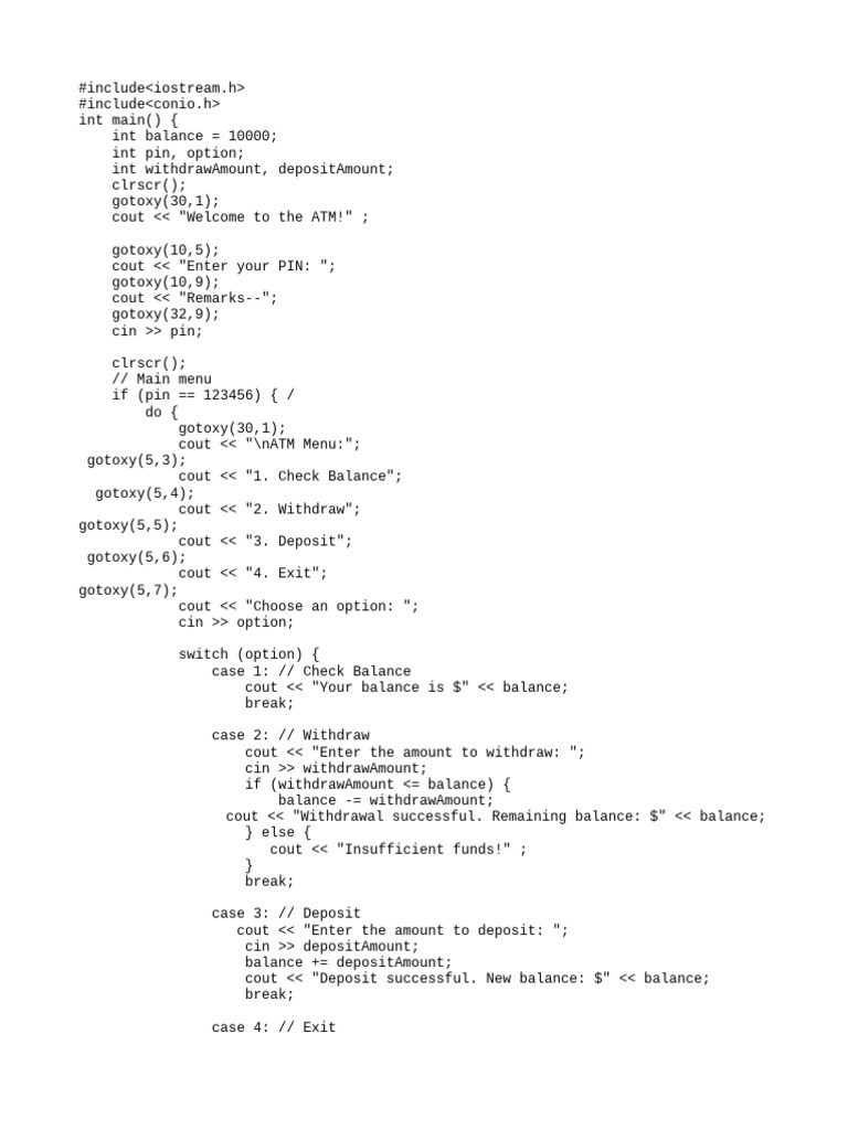 ATM Simulation Program in C++ | PDF