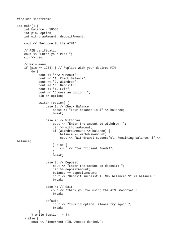 ATM Simulation Program in C++ | PDF