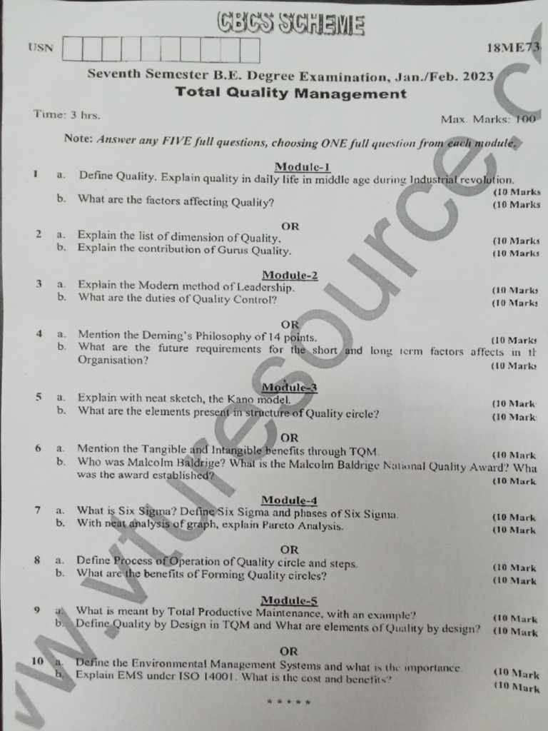 TQM Question Paper | PDF