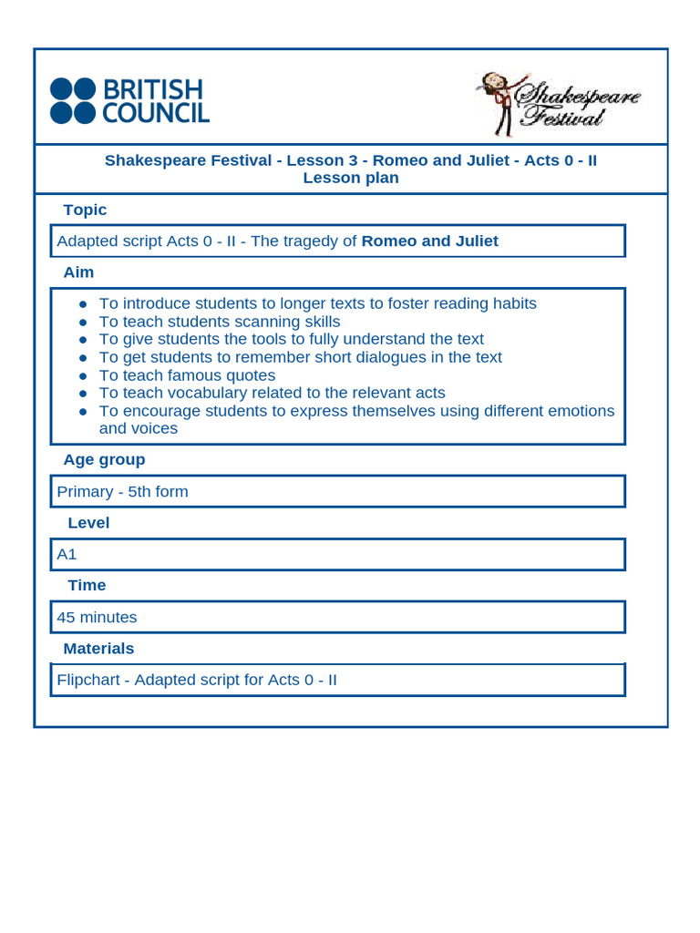Lesson 3 - Romeo and Juliet - Lesson Plan | PDF | Multiple Choice ...