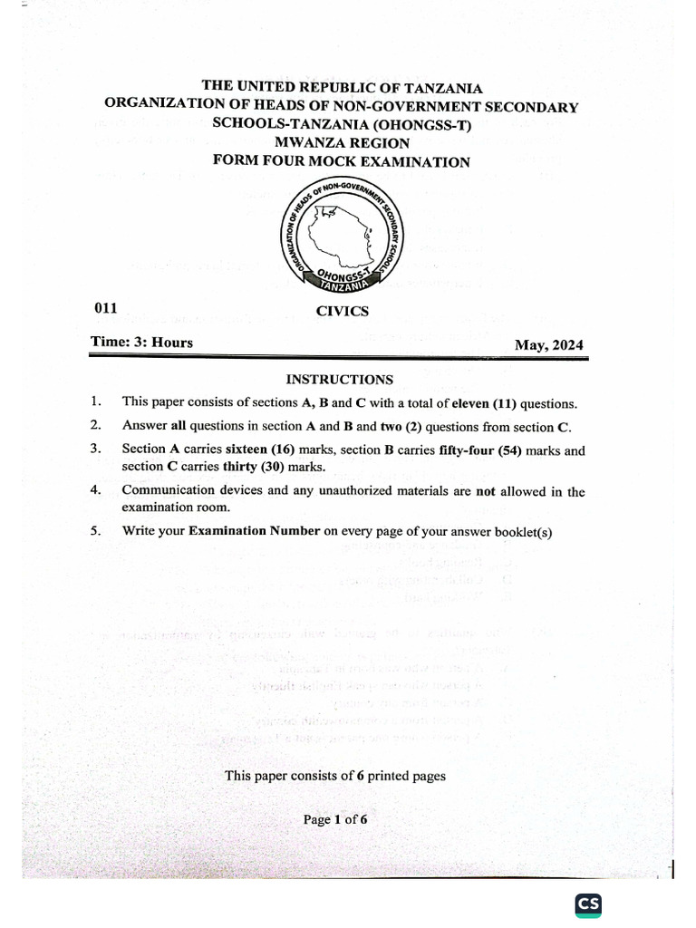 Civics Form Four Pre Mock | PDF
