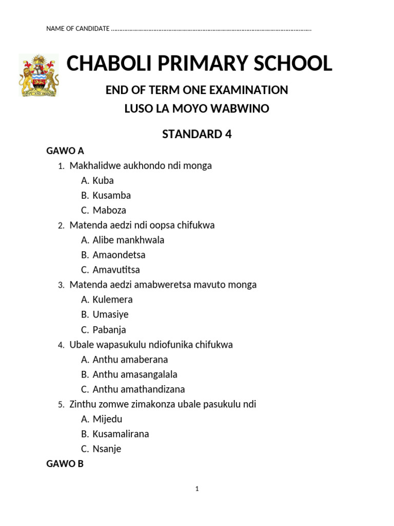 KALUWE PRIMARY SCHOOL Luso STD 4 | PDF