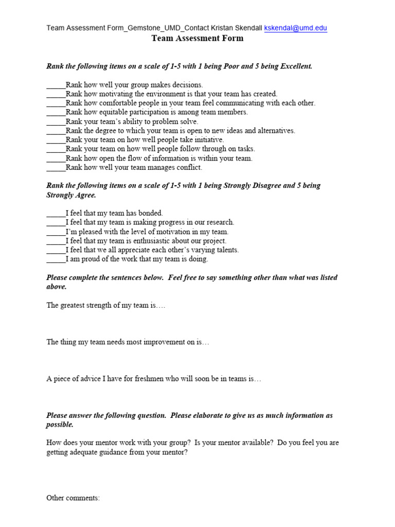 Team Assessment Form | PDF