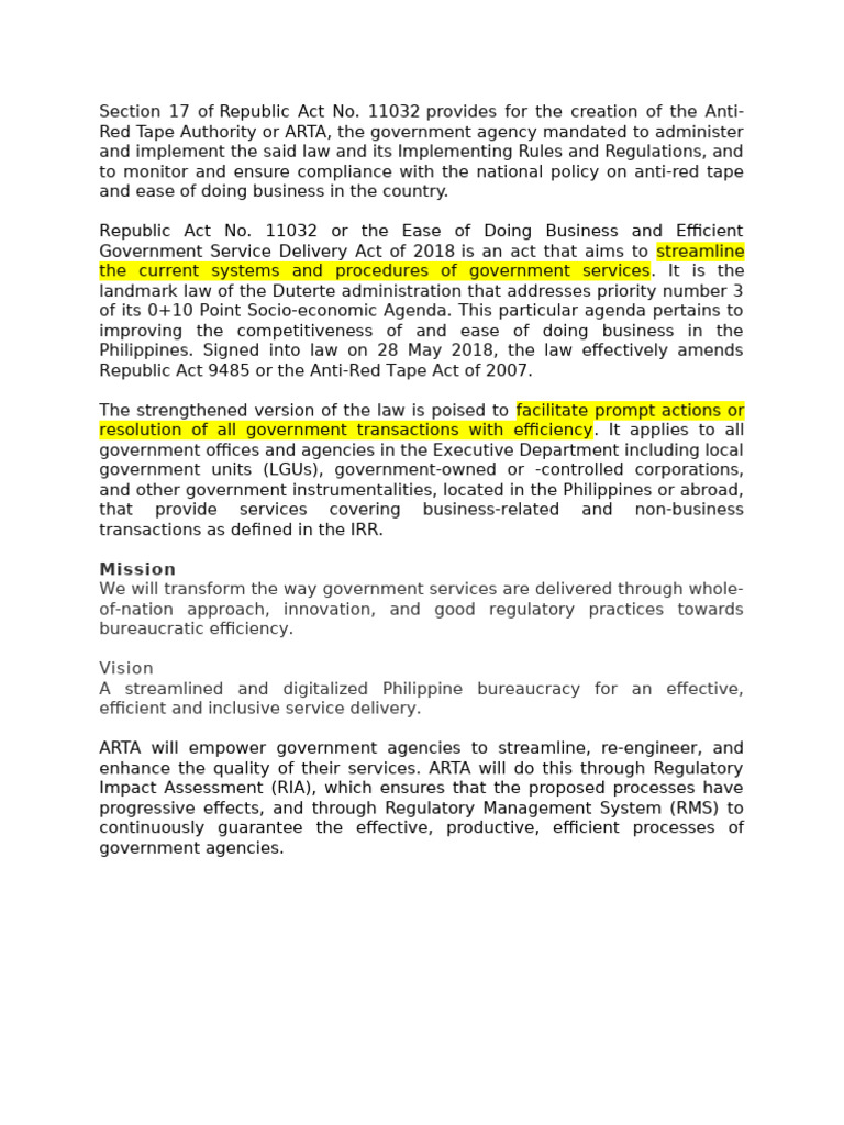 ARTA Law: Streamlining Government Services | PDF