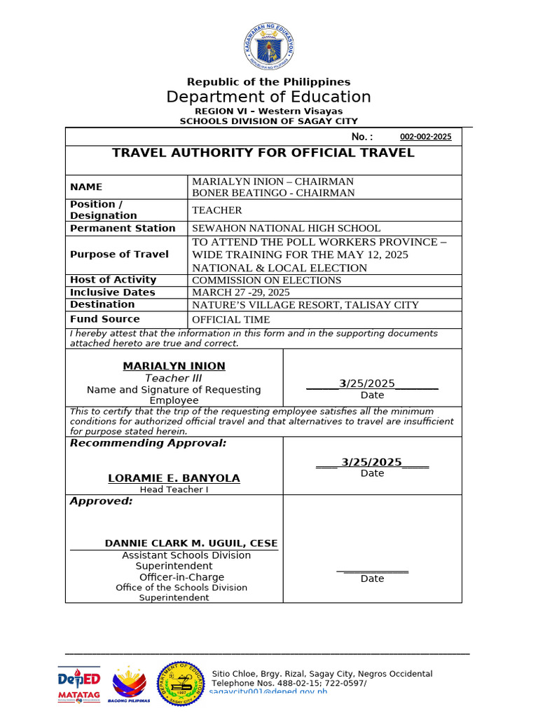 TRAVEL-OrDER Mam Lyn and Sir Boner | PDF