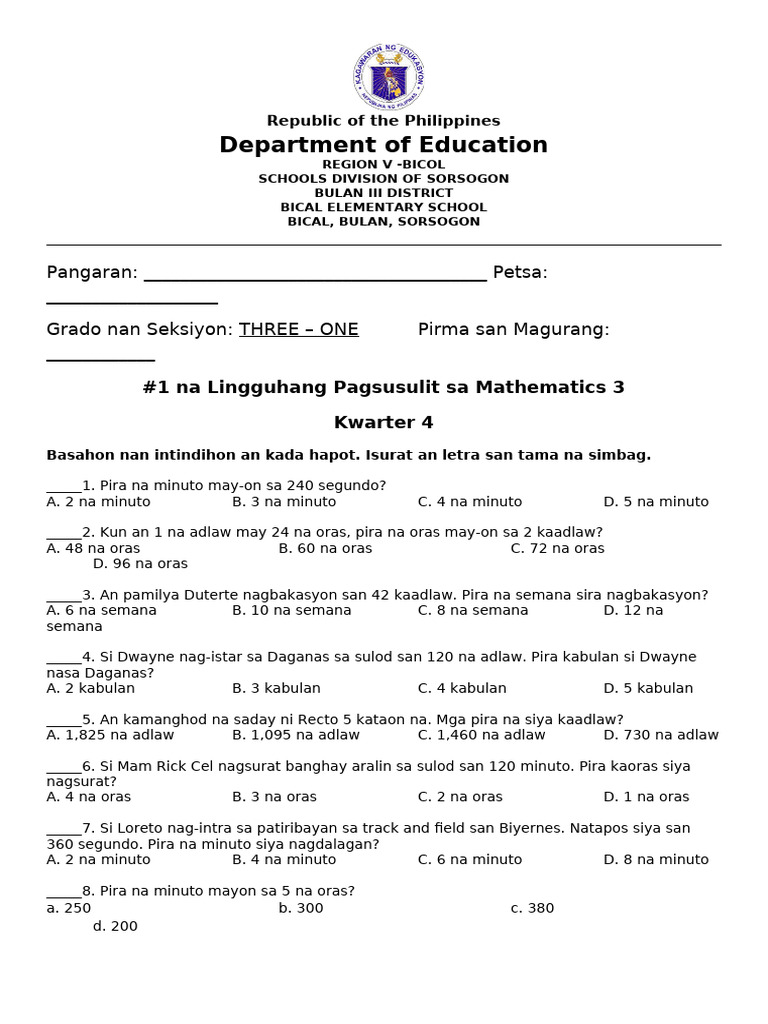 Q4 - ST - MATH 3 | PDF