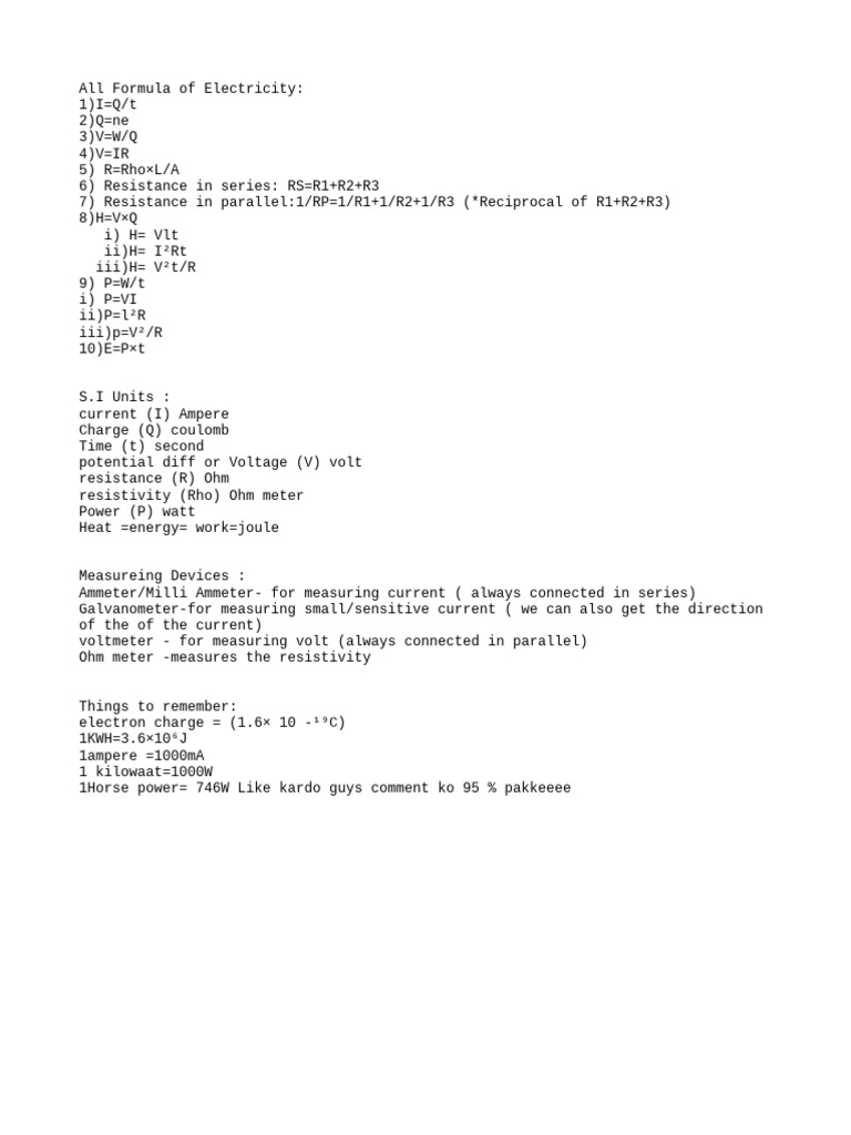 All Formula of Electricity | PDF
