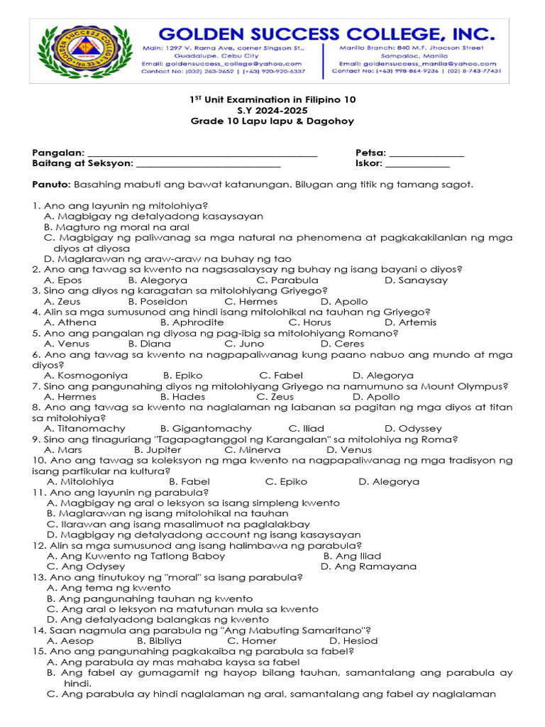 Filipino 10 (1ST UNIT EXAM) .Docx F | PDF