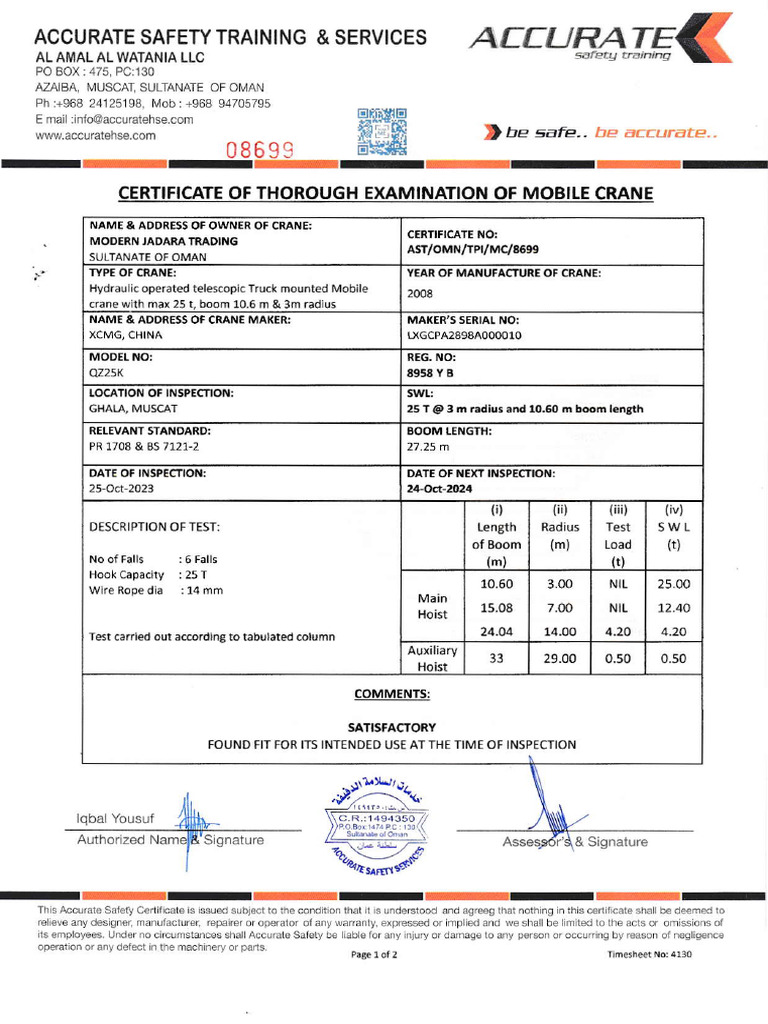 Certificate TPI Mobile Crane | PDF | Crane (Machine) | Manufactured Goods
