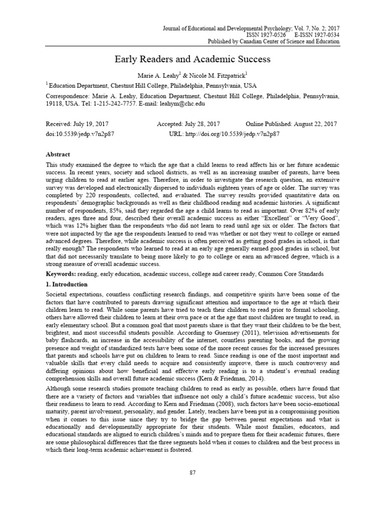 Early Readers and Academic Success | PDF | Teachers | Socioeconomic Status