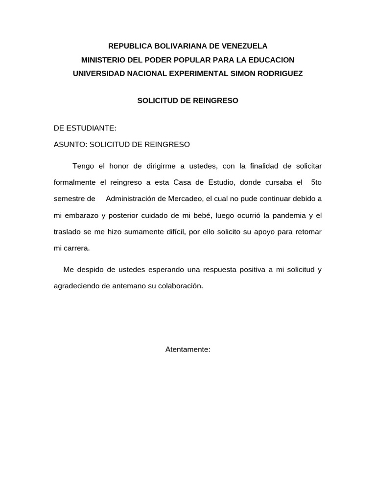 Carta de Reingreso A La Universidad | PDF