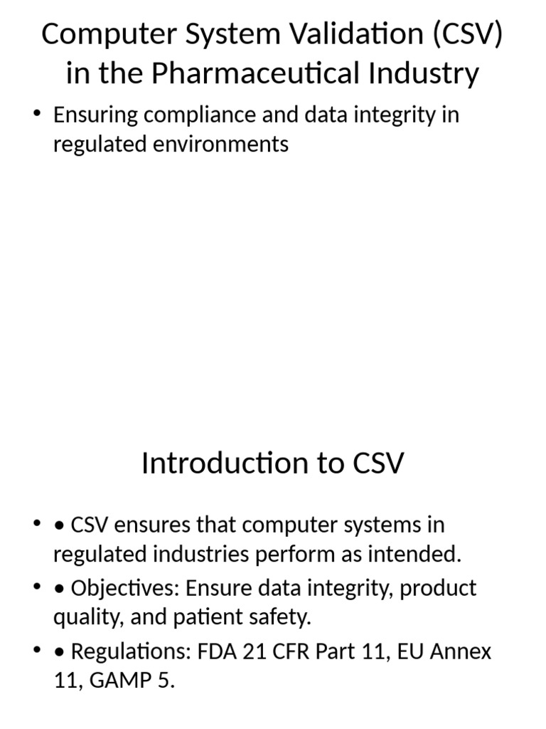 Computer System Validation Presentation | PDF | Verification And Validation | Regulatory Compliance