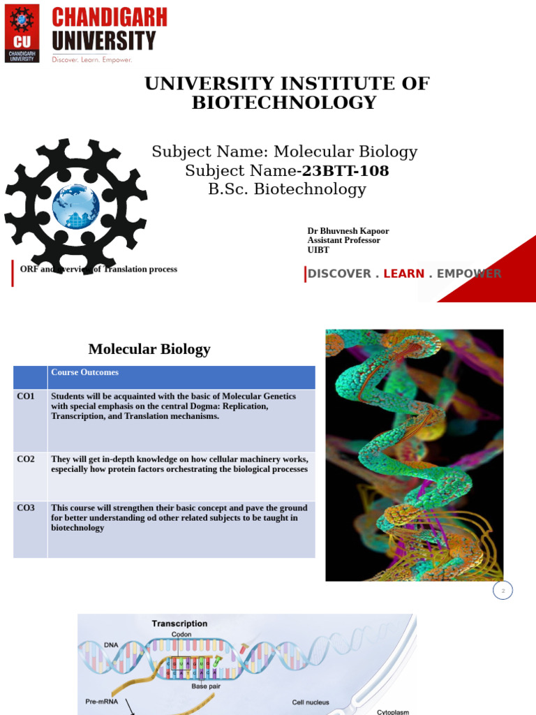 University Institute of Biotechnology: Subject Name: Molecular Biology ...