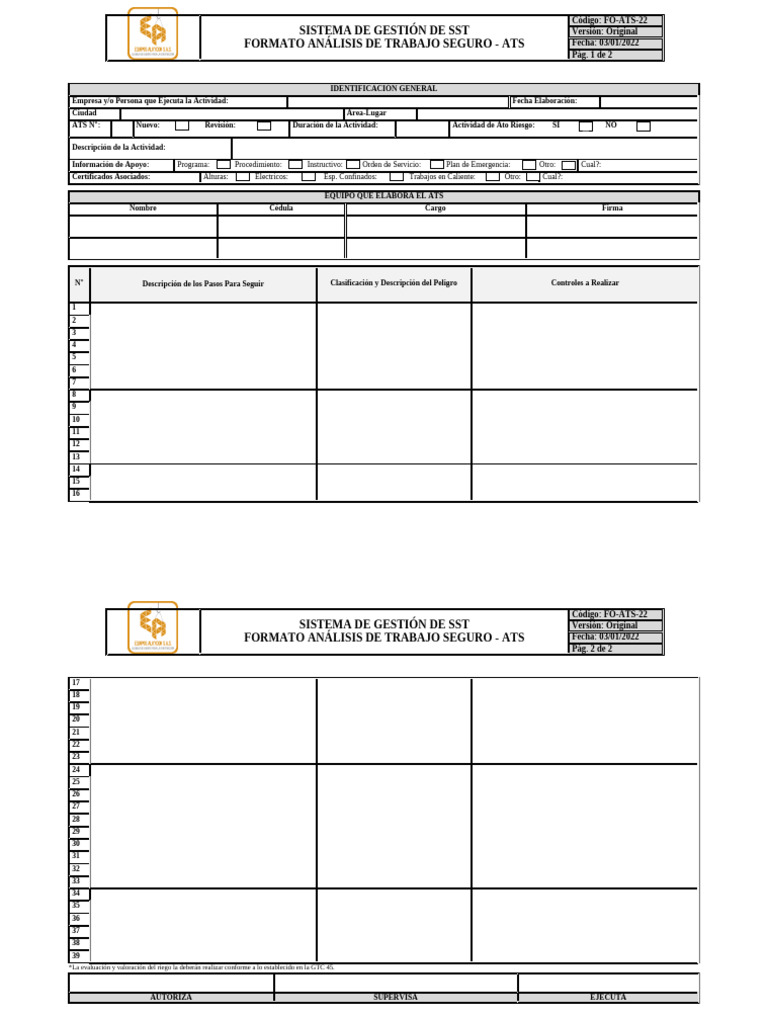 Formato Análisis de Trabajo Seguro ATS | PDF