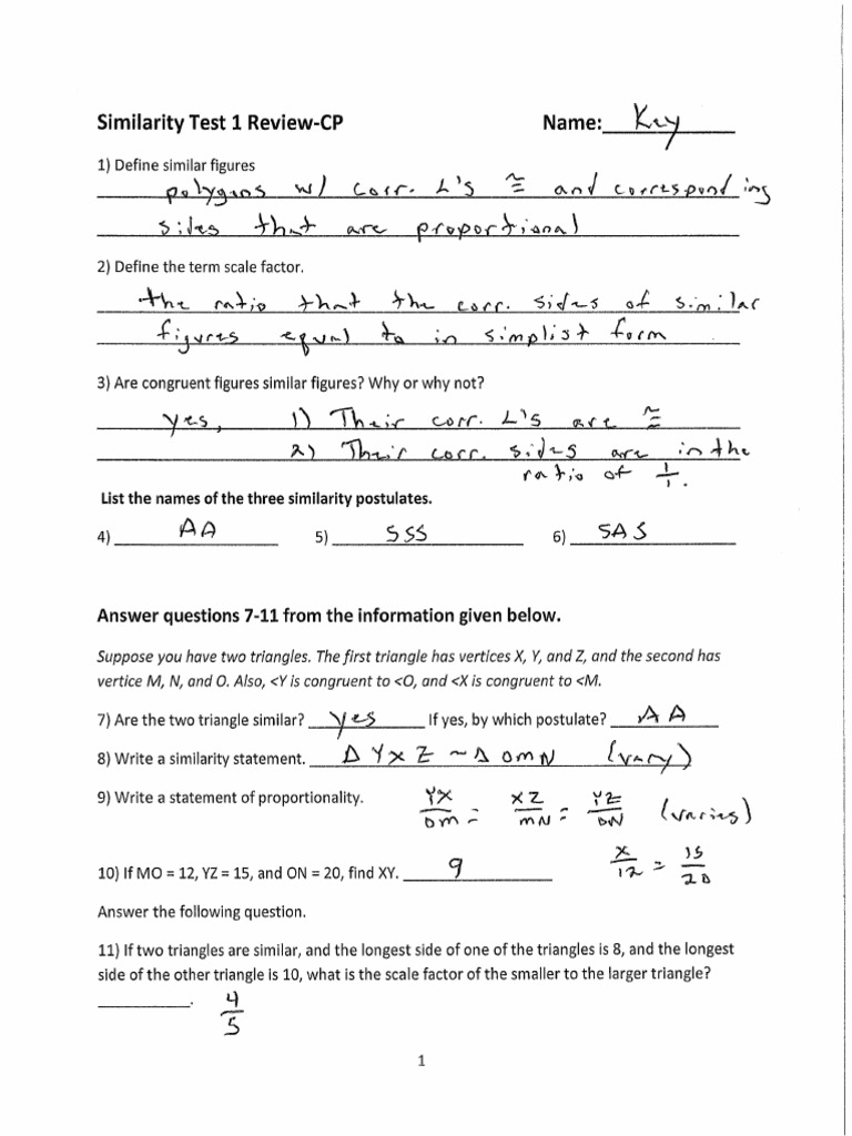 Similarity Test Review Answer Key | PDF | Elementary Mathematics ...