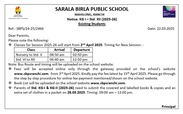 SBPS Ranchi 2025-26 Fee Payment Notice | PDF