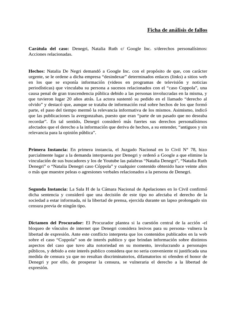Ficha Analisis Fallo Denegri | PDF | Libertad de expresión | Censura