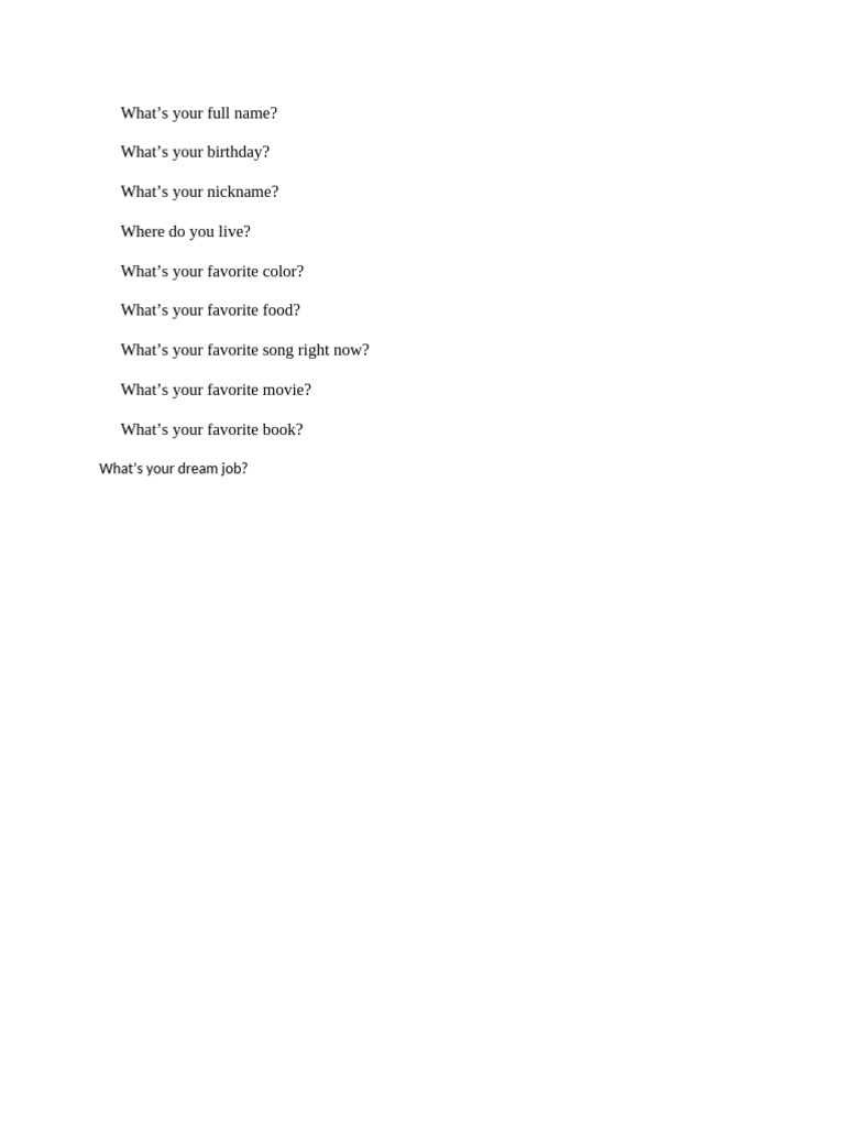 Personal Questionnaire Template | PDF