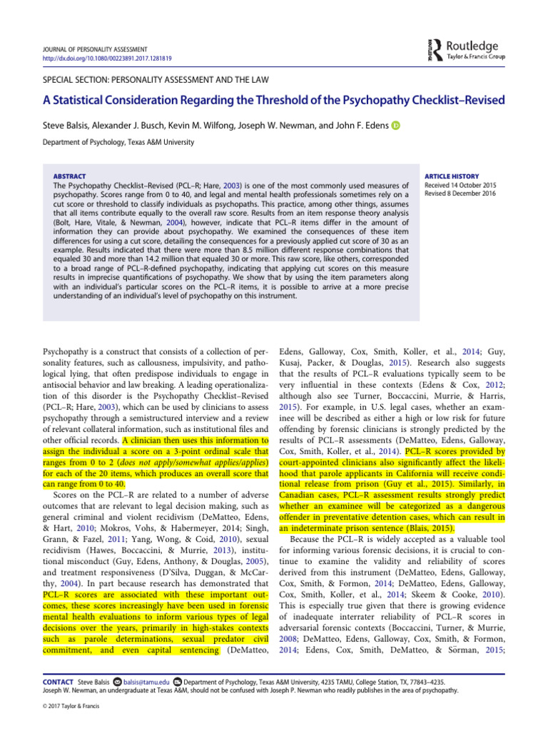Psychopathy Checklist Cut Score Analysis | PDF | Psychopathy | Psychology
