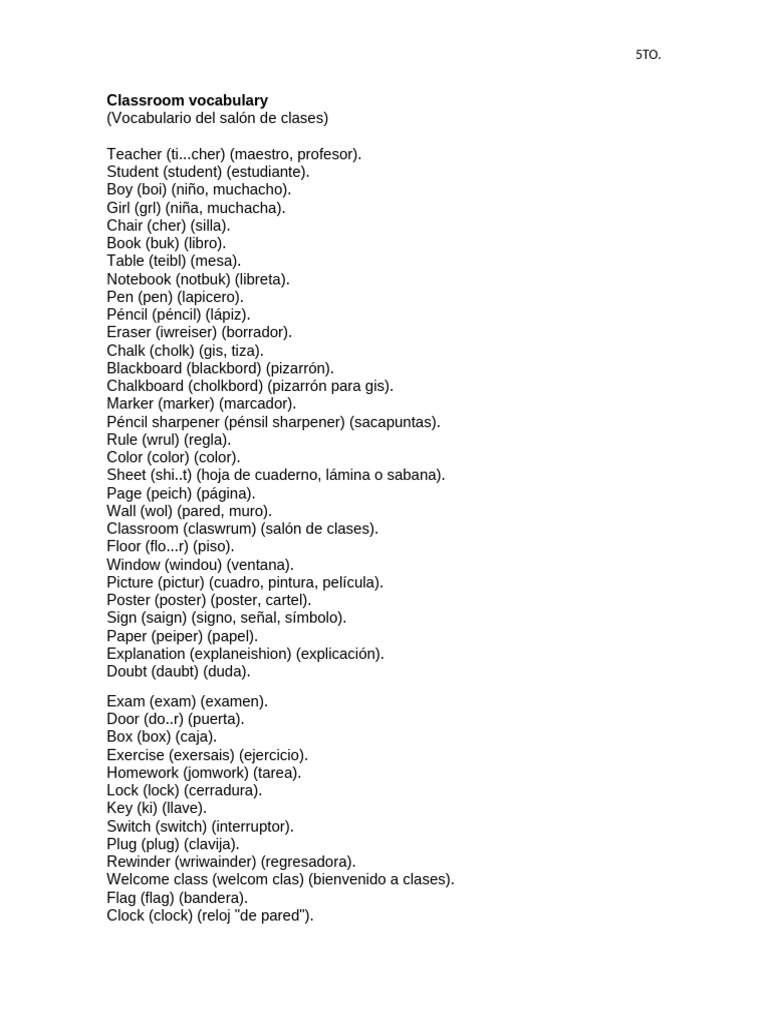 Classroom Vocabulary | PDF