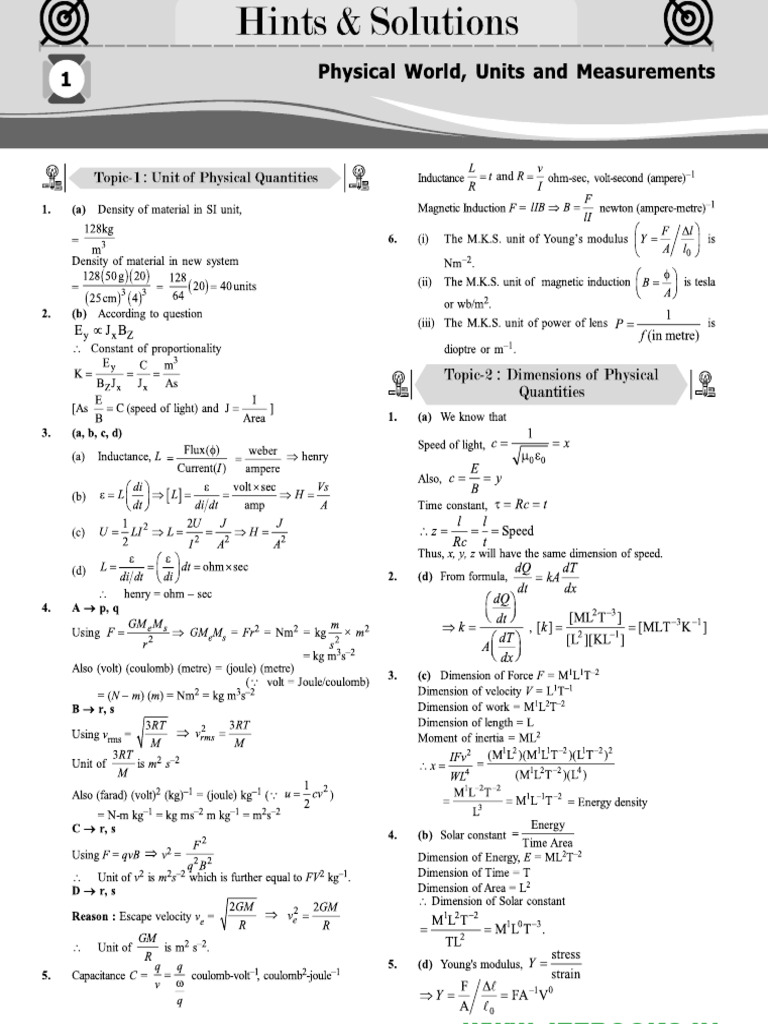 Units and Measurements - JEE Answee Key and Solutions | PDF