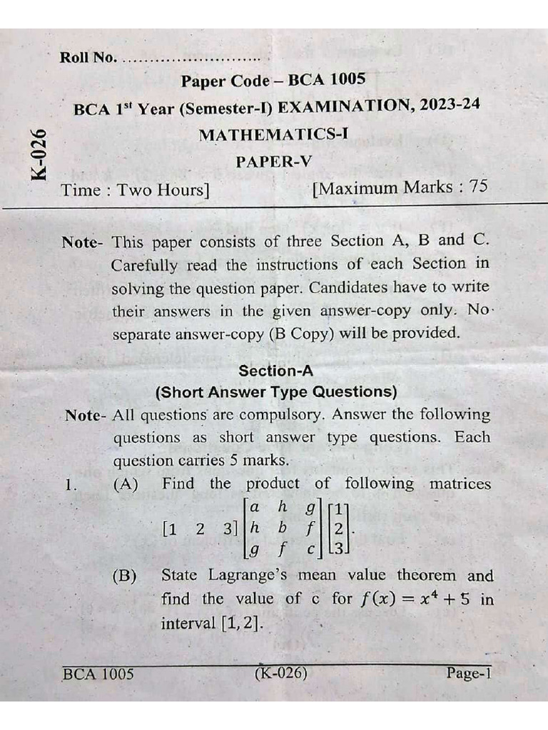 BCA Mathematics-I 2024 Paper | PDF