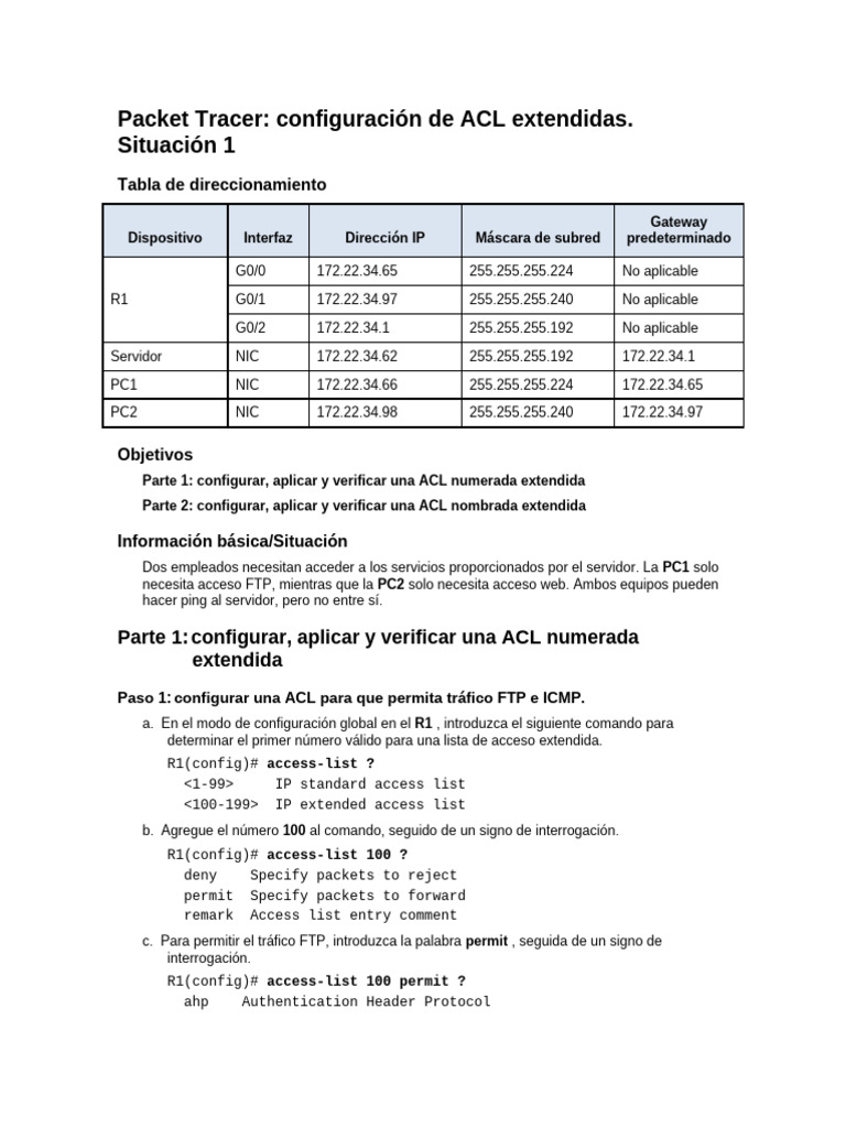 Packet Tracer Configuracion de ACL Exten | PDF | Dirección IP | Protocolo de Control de Transmisión