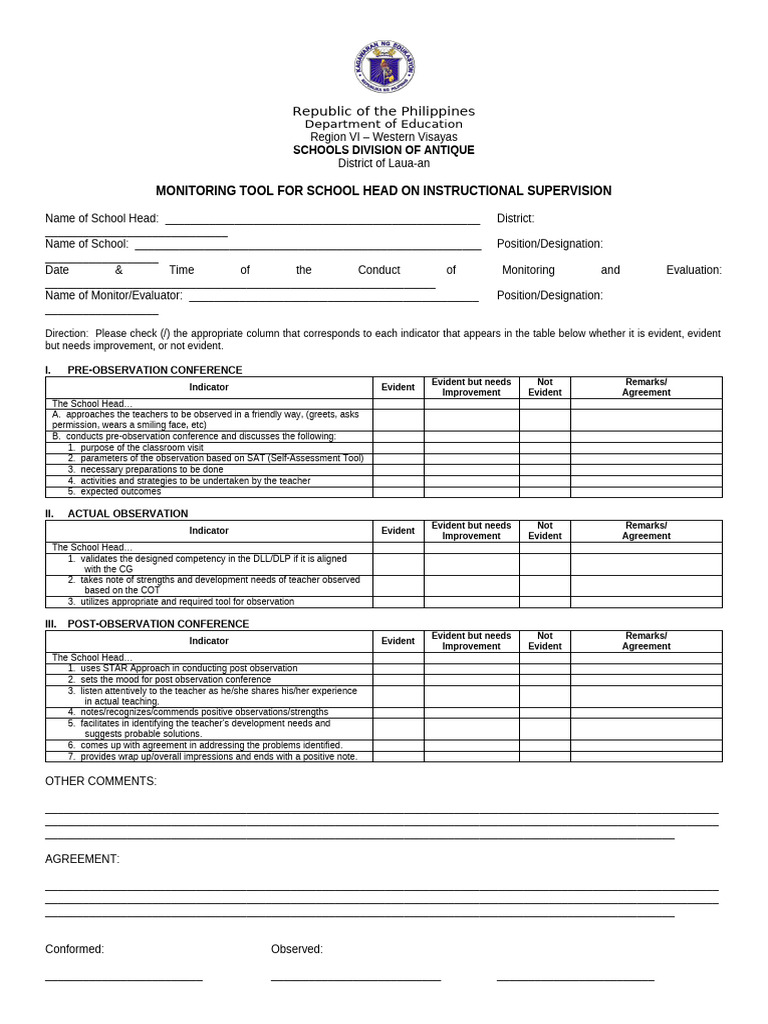Monitoring Tool For School Head On Instructional Supervision | PDF ...