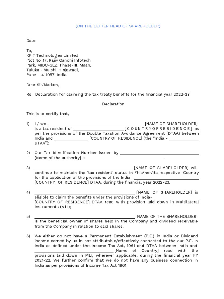 Declaration For Claiming The Tax Treaty Benefits | PDF | Tax Treaty | Taxes