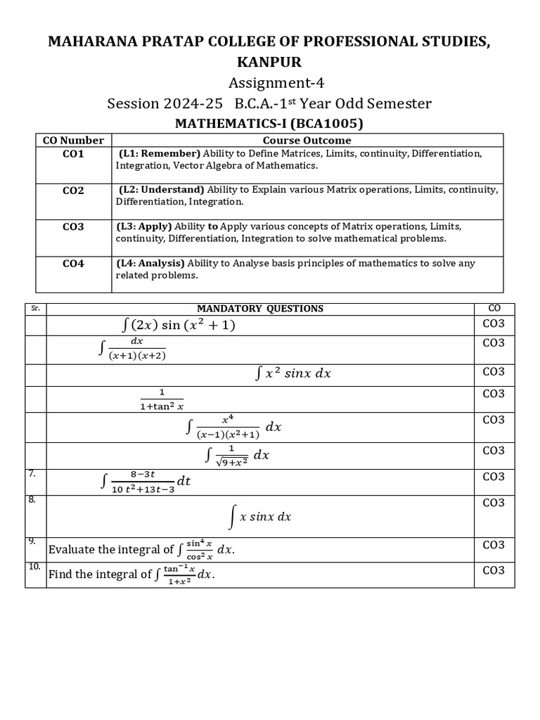 Assignment-4 - BCA 1005 Odd Semester 2024-25 | PDF | Matrix (Mathematics) | Integral