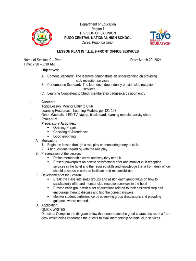 TLE Lesson Plan: Front Office Services | PDF | Learning | Lesson Plan