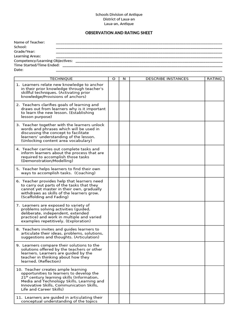 Observation and Rating Sheet | PDF | Learning | Teachers