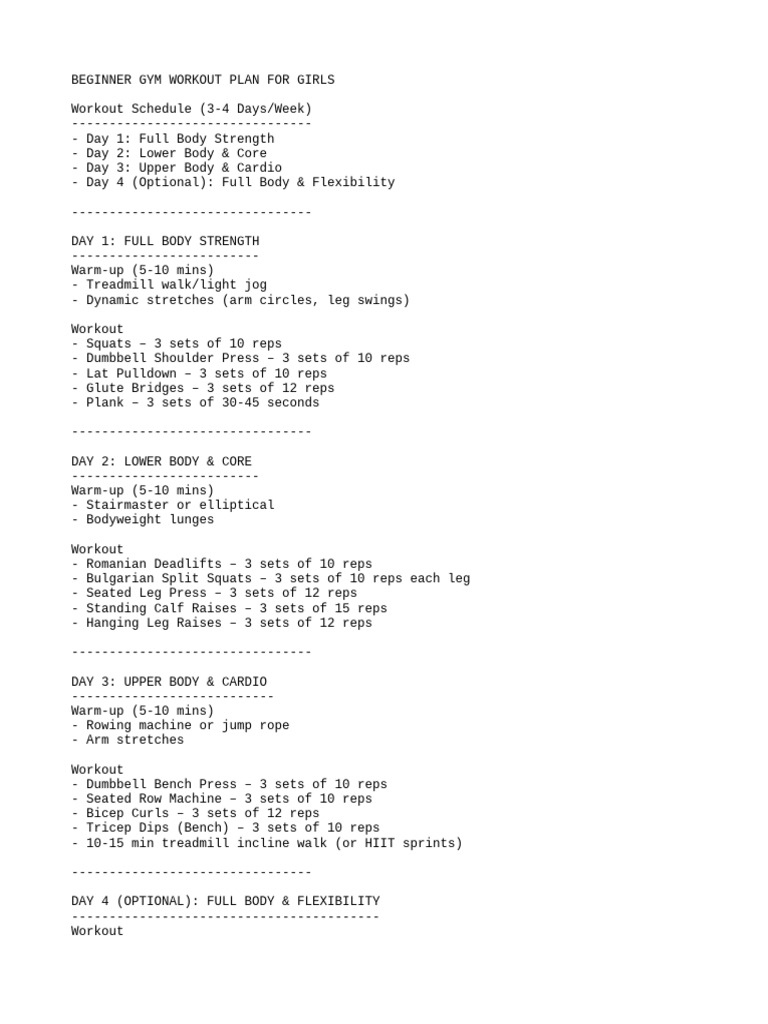 Beginner Gym Workout Plan for Girls | PDF