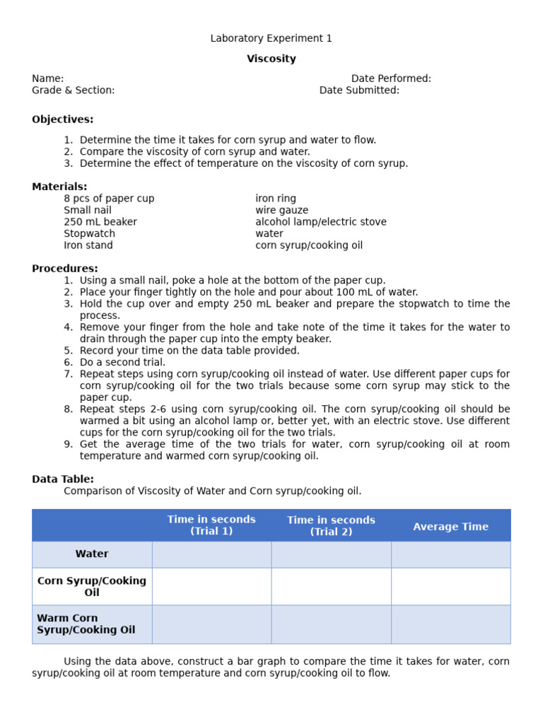 Laboratory Experiment 1 | PDF | Viscosity | Water