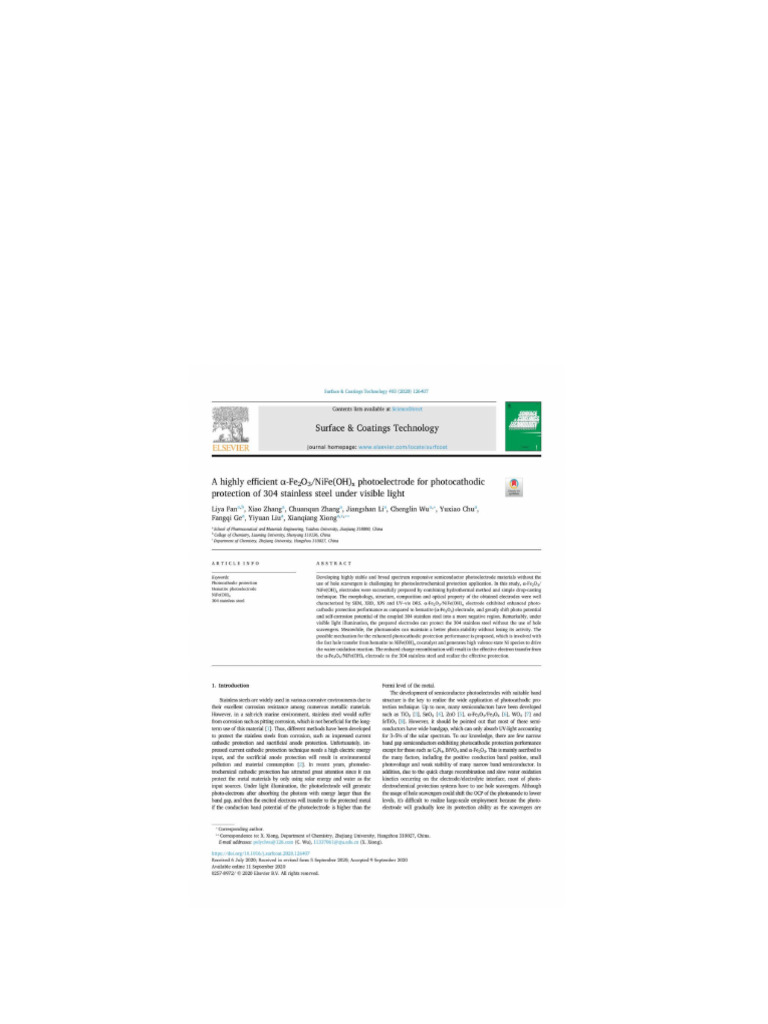 A highly efficient α-Fe2O3/NiFe (OH) x photoelectrode for photocathodic protection of 304 ...