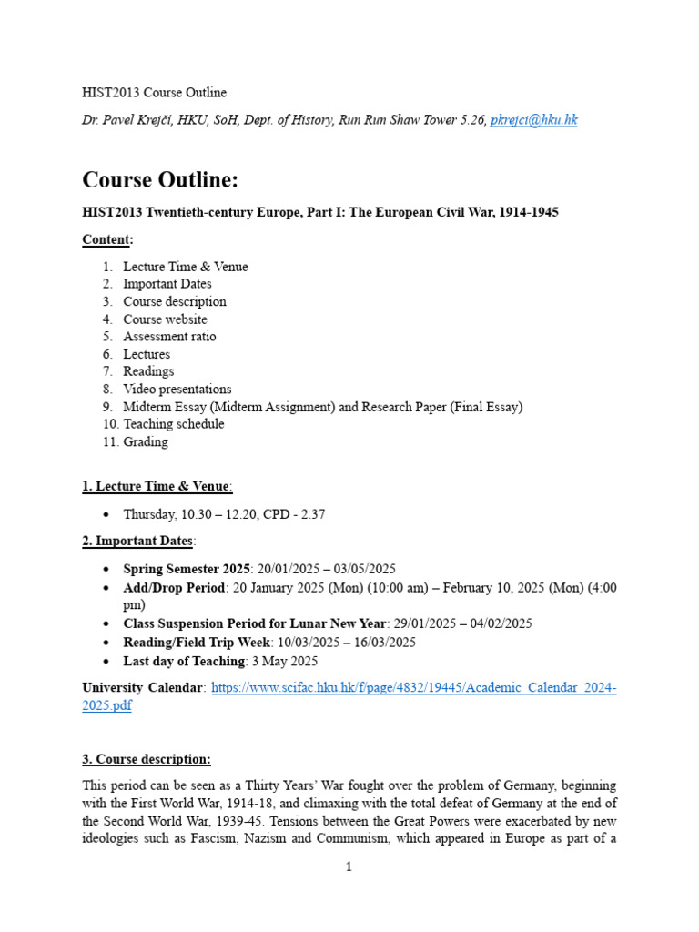 Twentieth-Century Europe Course Outline | PDF | Essays | Note (Typography)
